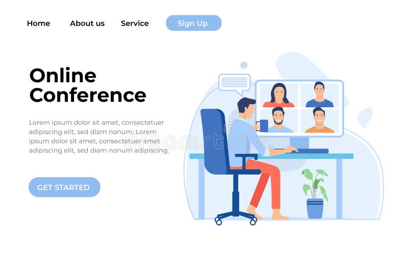 Video Conference Landing Page. People on Computer Screen Taking with ...