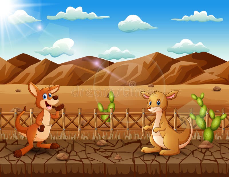 Cartoon Kangaroos in the Dry Land Landscape Stock Illustration ...