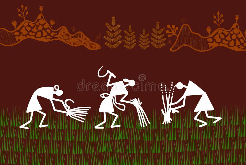Indian Tribal Art: Lady Farmers Working in Farm Stock Illustration ...