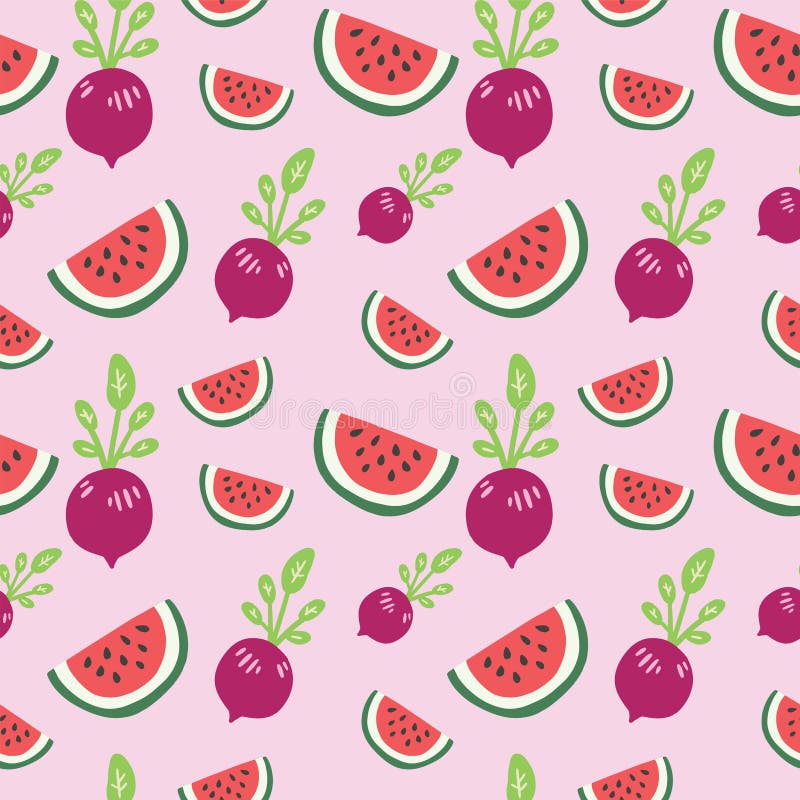 Watermelon and Radish Seamless Pattern. Vector Illustration of ...