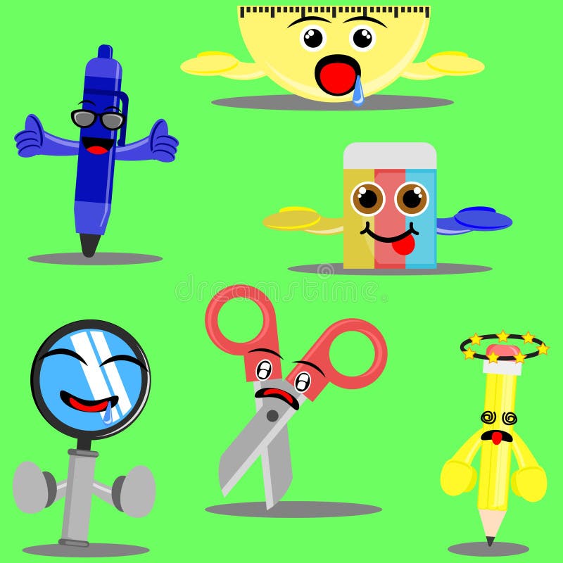 Illustration Cartoon Character of Stationery Supplies Such As Pencil ...