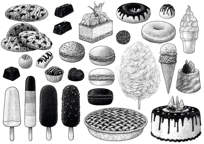Sweets and Cakes Collection, Illustration, Drawing, Engraving, Ink ...