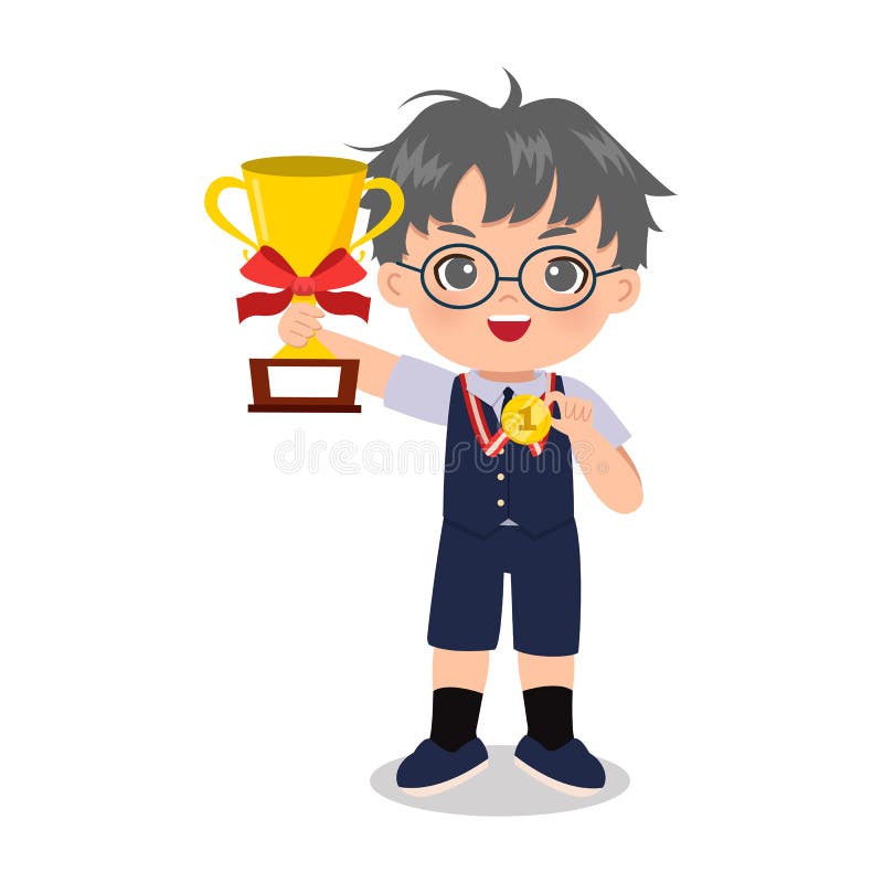 Smart Boy in School Uniform Pose with Trophy and Gold Medal ...