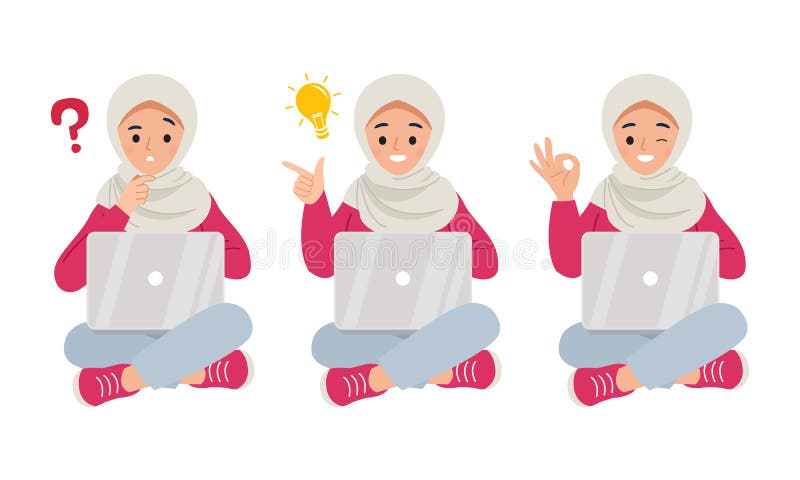 Set of Young Woman Sitting with Laptop Thinking of a Problem and ...