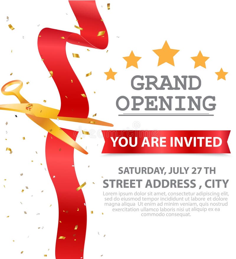 Grand Opening Card Design with Red Ribbon and Colorful Confetti Stock ...