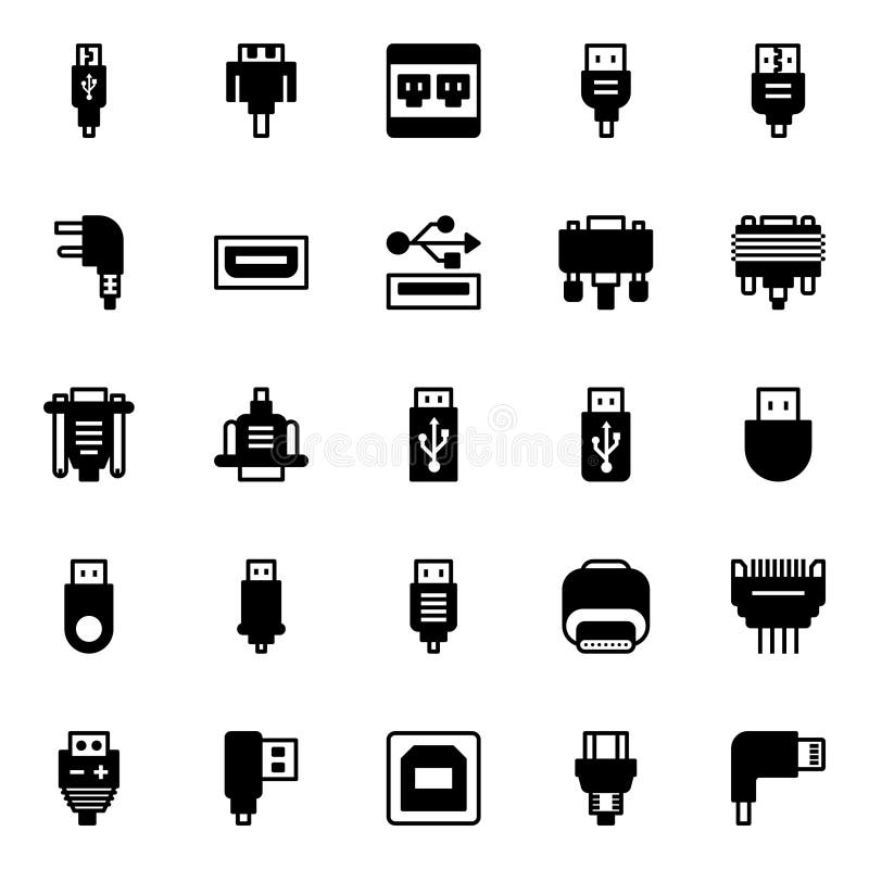 Glyph Icons for Connectors and Cables. Stock Vector - Illustration of ...