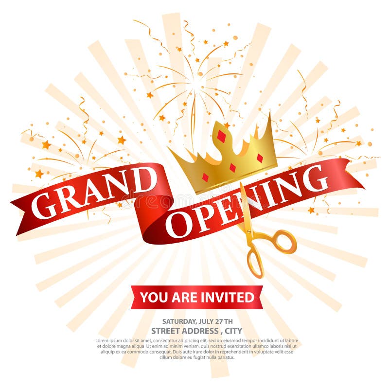Grand Opening Card Design with Red Ribbon and Fireworks Stock Vector ...