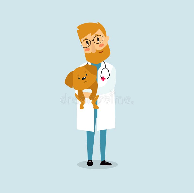 Print. Vector Cartoon Male Veterinarian with a Dog in His Arms Stock ...