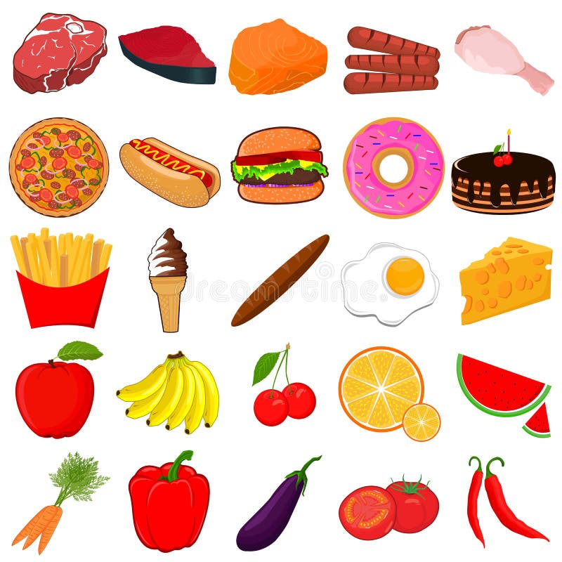 25 Colorful Food Set Illustration Vector, Collection of Various Food ...