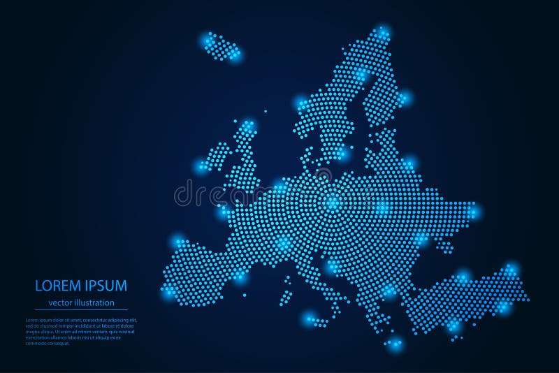 Abstract Image Europe Map from Point Blue and Glowing Stars on a Dark ...