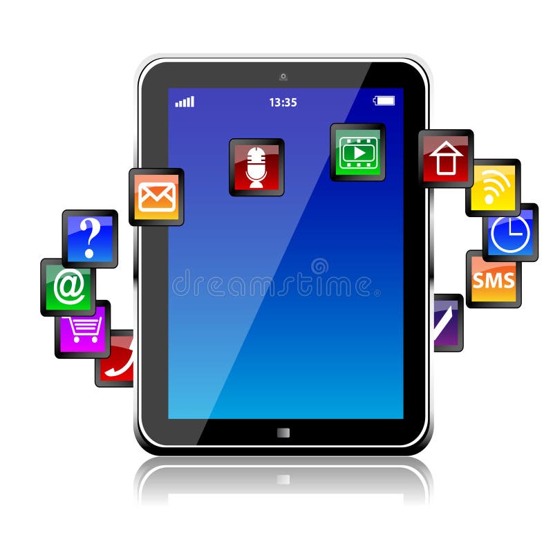 Tablet Pc Computer with Software Apps Icons Around Stock Vector ...