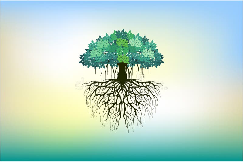 Banyan Tree Vector Illustration with Roots Stock Vector - Illustration ...