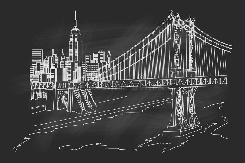 Manhattan Bridge, New York, USA. Stock Vector - Illustration of famous ...