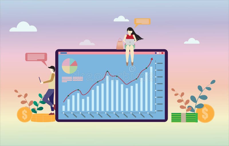 Young Men and Women Working Stock Market on Laptops. Stock Vector ...