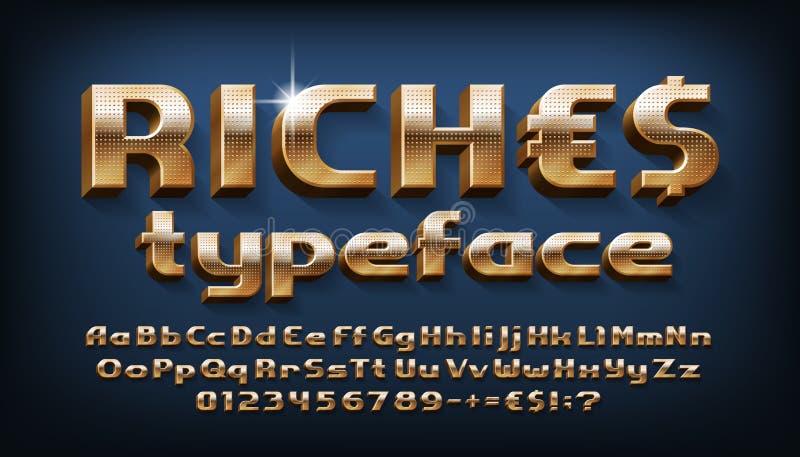 Riches Alphabet Font. 3D Golden Letters, Numbers and Punctuations ...