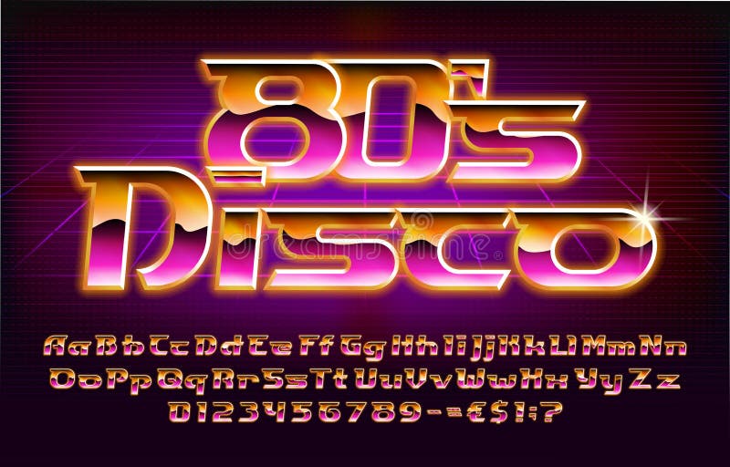 80s Disco Alphabet Font. Letters and Numbers on Dark Abstract ...