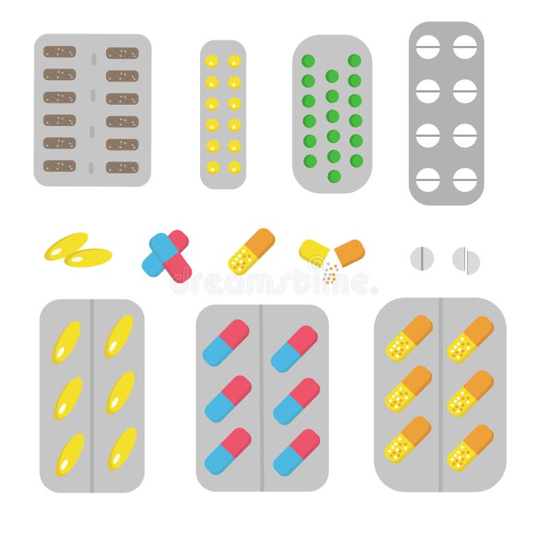 A Set of Tablets and Capsules in Blisters. Pills of Different Colors ...