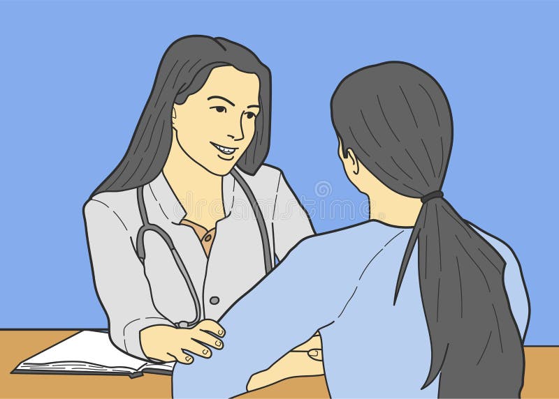 Serious Woman Doctor with Clipboard and Patient. Stock Vector ...