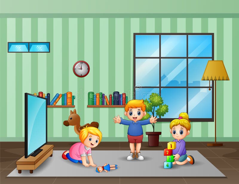 Happy Children Playing in the Living Room Stock Illustration ...