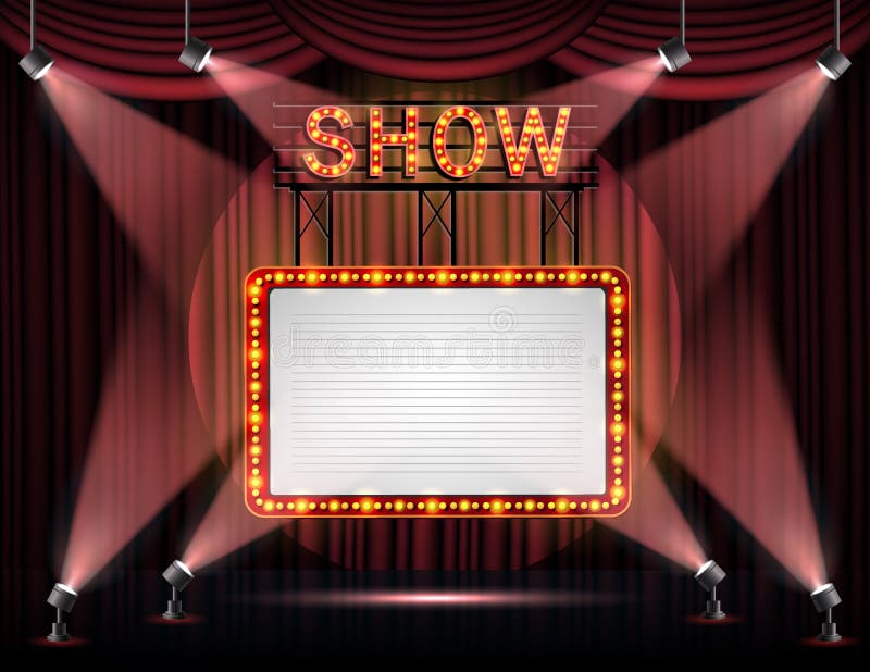 Showtime Banner with Curtain Illuminated by Spotlights Stock Vector ...