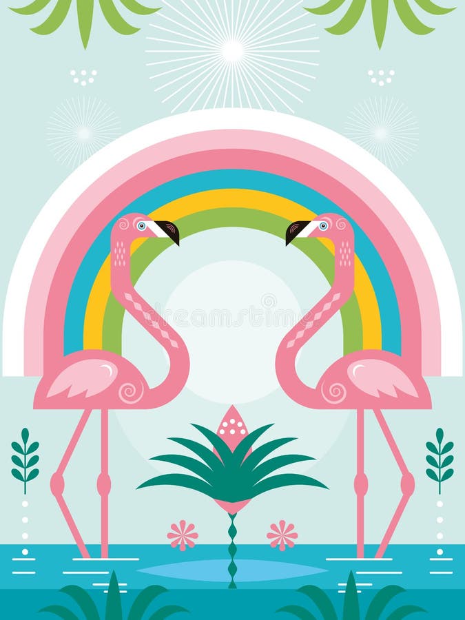 Flamingo , Rainbow, Palm Leaves. Cartoon Vector Illustration ...