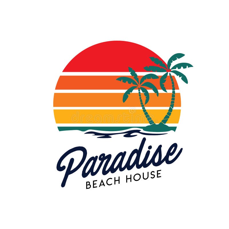 Sunset Beach Vector Logo with Palm Icon Stock Vector - Illustration of ...