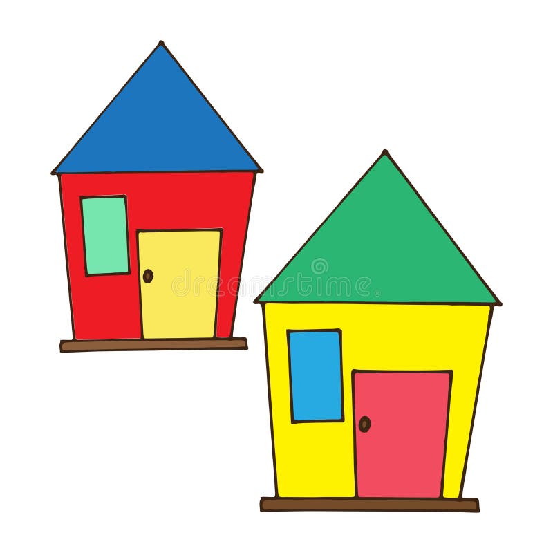Colorful Two Houses on White Background. Cartoon Style. Hand Drawn ...