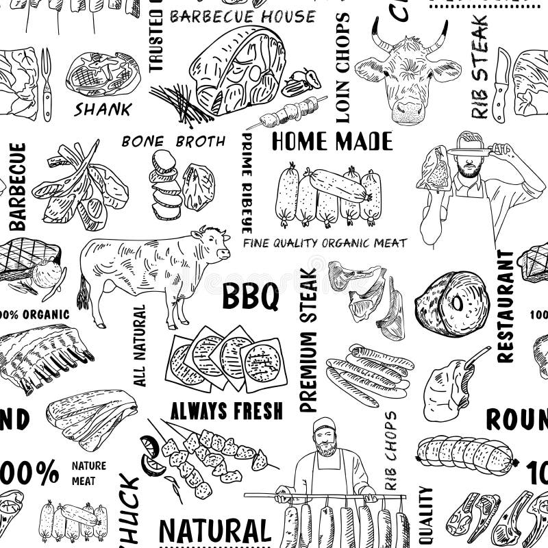 Hand Drawn Meat Products Seamless Pattern. Vintage Design Template ...