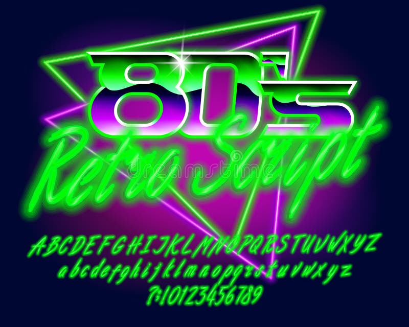 80s Retro Script Alphabet Font. Hand Drawing Glowing Letters, Numbers ...