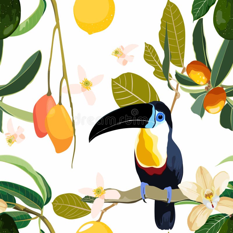 Trendy Pattern with Toucan and Mango, Lemon Tropical Fruits. Seamless ...