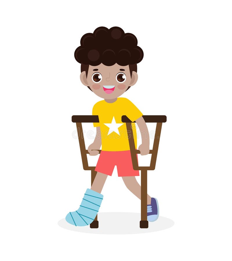 Sad Boy with Broken Leg Standing with Crutches Vector Illustration on a ...