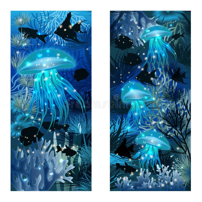 Underwater Banners with Jellyfish, Vector Stock Vector - Illustration ...