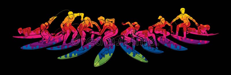Surfer Action Group of Surfing Sport Male and Female Players Cartoon ...