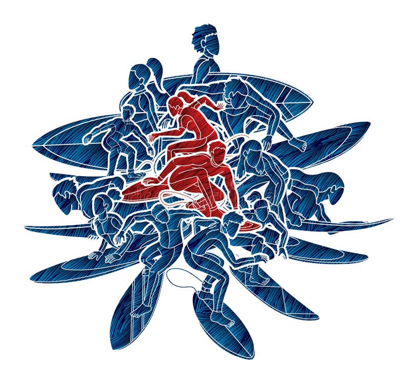 Surfer Action Group of Surfing Sport Male and Female Players Cartoon ...