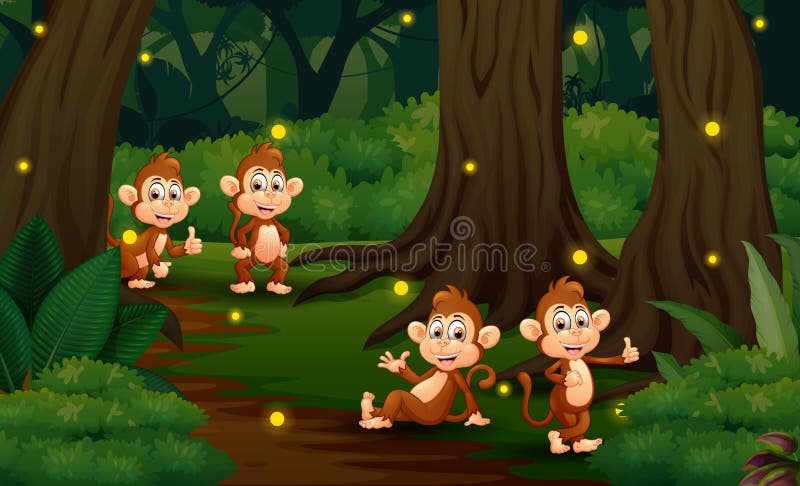Illustration of Four Monkeys Playing in the Dark Forest Stock Vector ...