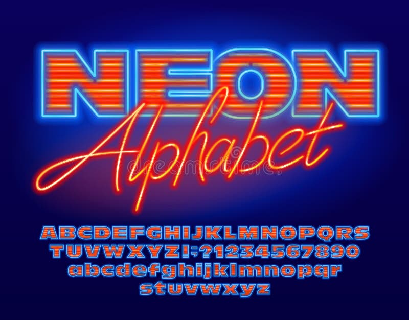 Bold Neon Alphabet Font. Orange Neon Letters and Numbers Stock Vector ...