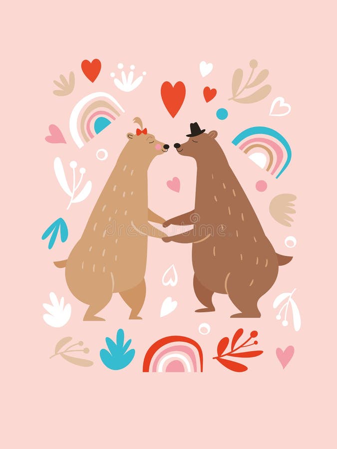 Two Cute Bears with Gifts and Hearts on a Gentle Blue Background. Stock ...