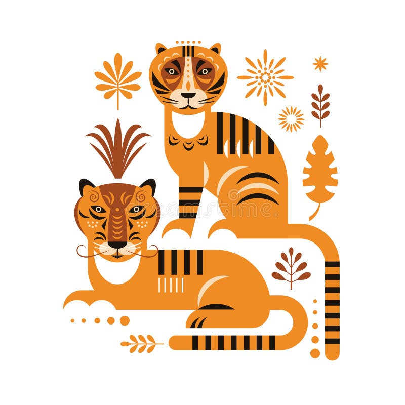 Two Tigers. Flat Design. Poster, Card, Banner Design Stock Vector ...