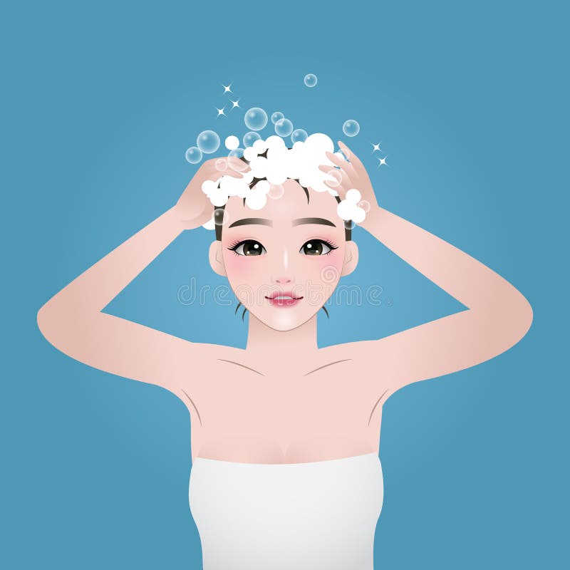 Pretty Woman Washing Her Hair. Hair Care Shampoo Routine Stock Vector ...