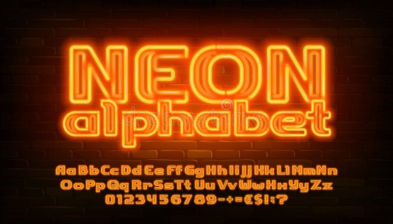 Neon Alphabet Font. Yellow Neon Light Bold Letters, Numbers and ...