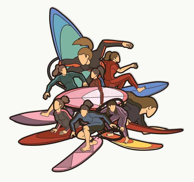 Surfing Sport Surfer Female Players Action Cartoon Graphic Vector Stock ...