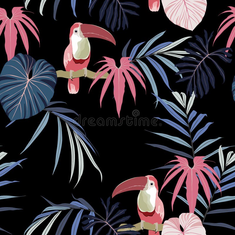 Exotic Jungle Plants Illustration Pattern with Abstract Pink Toucan ...