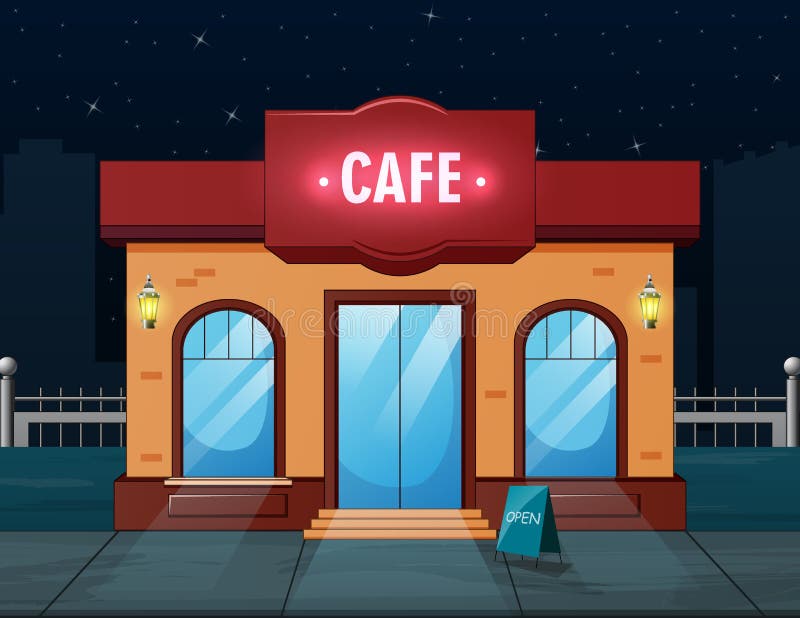 Front View of a Cafe Building at Night Stock Illustration ...