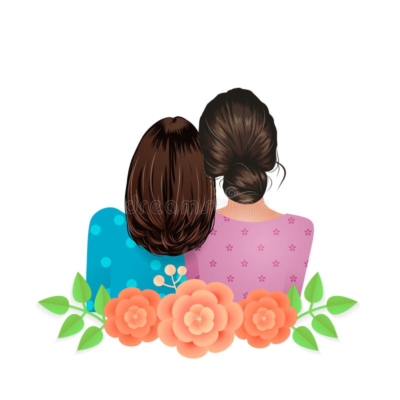 Female Best Friends Back View Decorated with Flower. Stock Vector ...