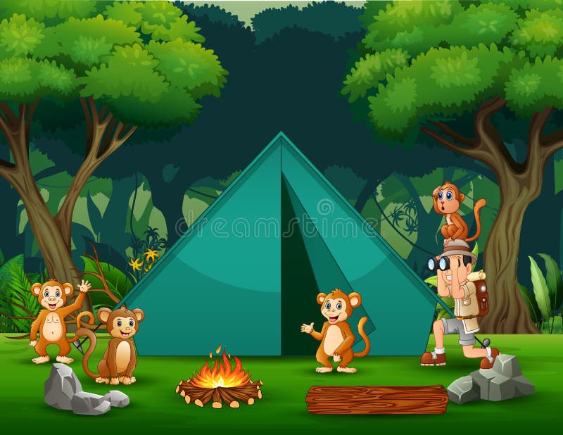 Boy Explorer with Some Monkeys at Campsite Stock Illustration ...