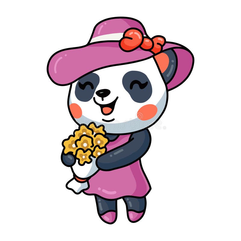 Cute Little Panda Girl Cartoon Holding Flowers Stock Vector ...