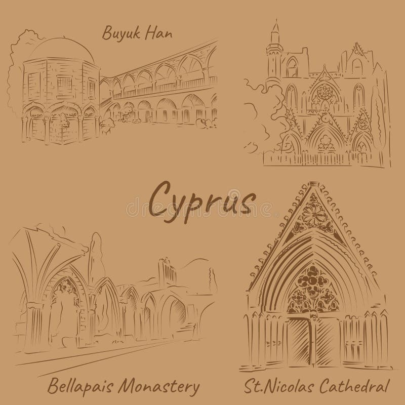 Collection Outline Drawing of Cyprus Landmarks. Stock Vector ...