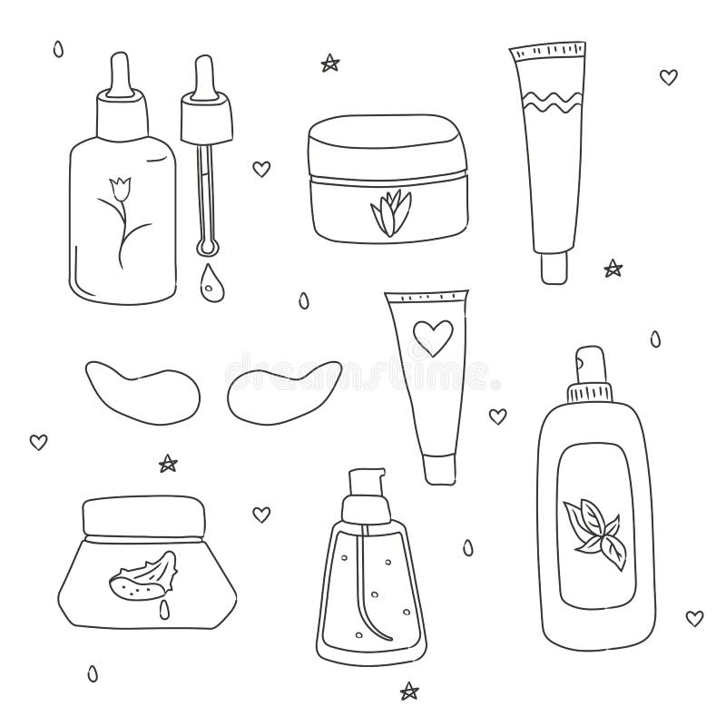 Set of Doodle Skincare Products Outline Stock Vector - Illustration of ...