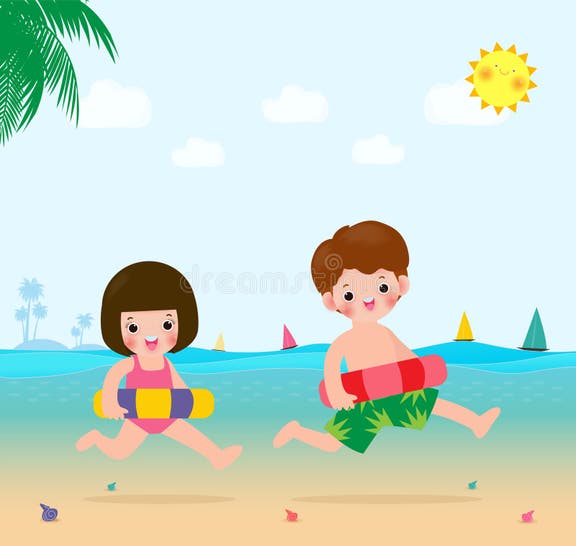 Summer Banner for Happy Kids in Swimming Clothes with Inflatable Toys ...