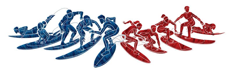 Group of Surfer Action Surfing Sport Man and Woman Players Cartoon ...